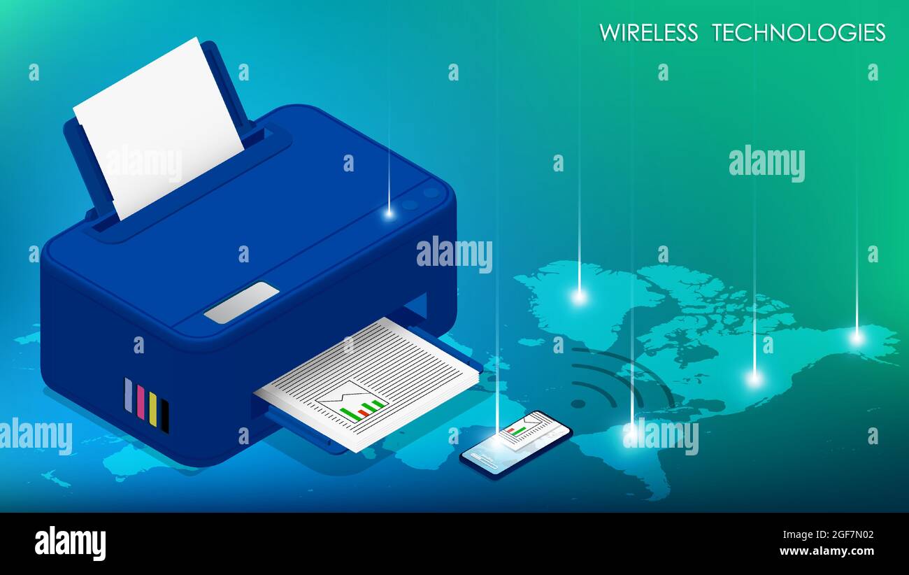 Wireless technology concept. Smartphone sends document to printer for ...