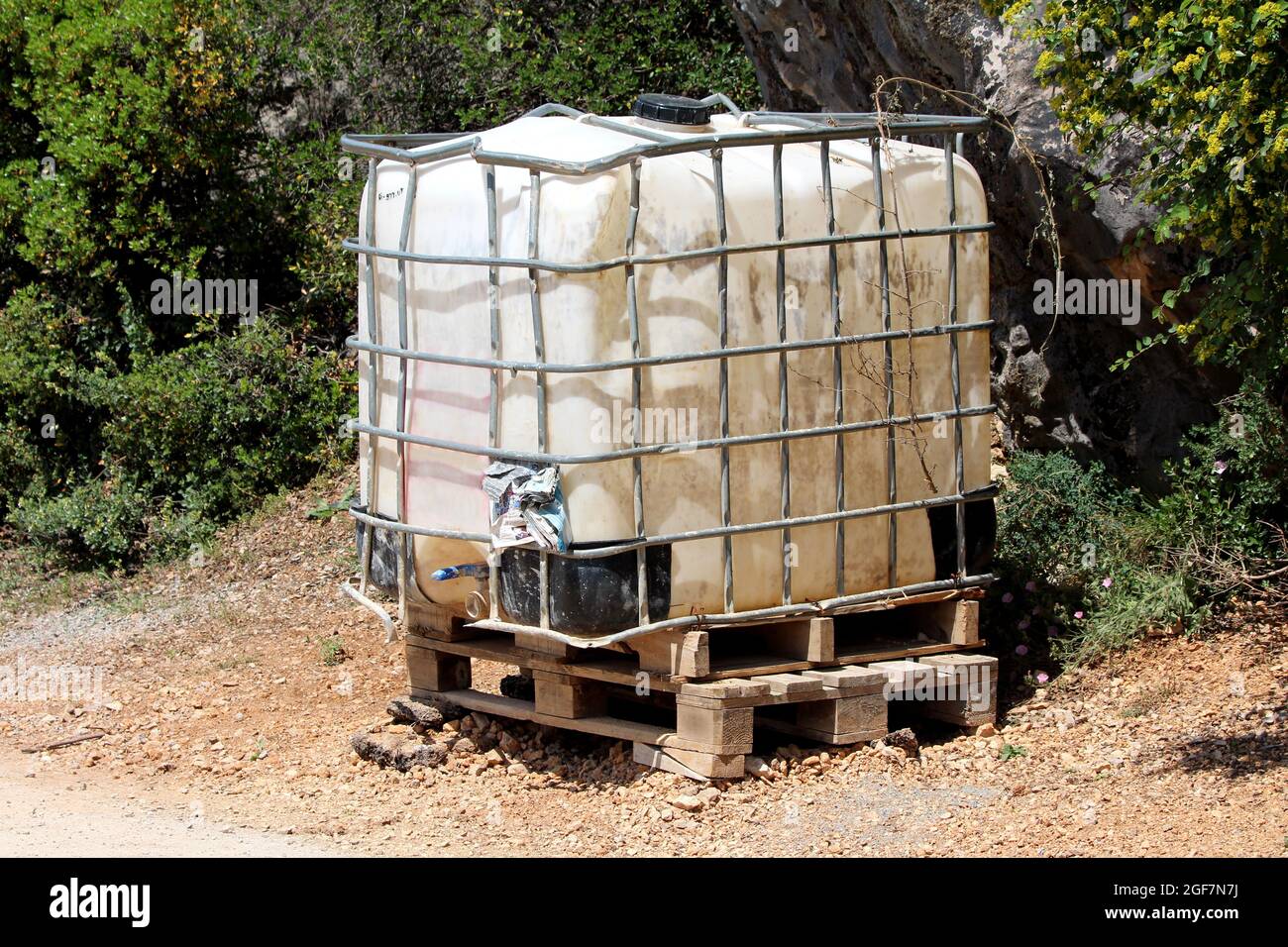 Heavily used old white intermediate bulk container or IBC plastic tank ...