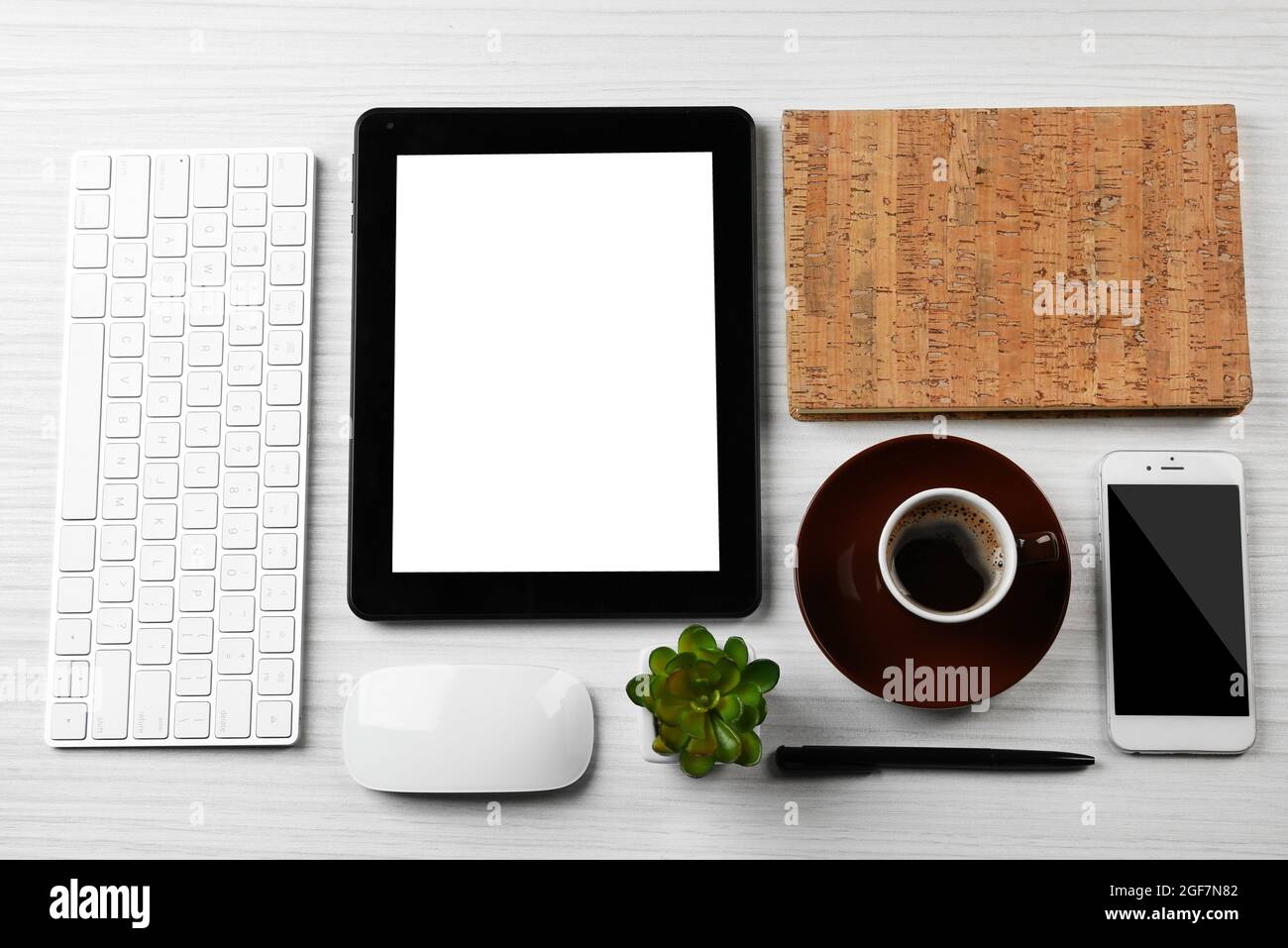 Business desk with equipment, flat lay Stock Photo - Alamy