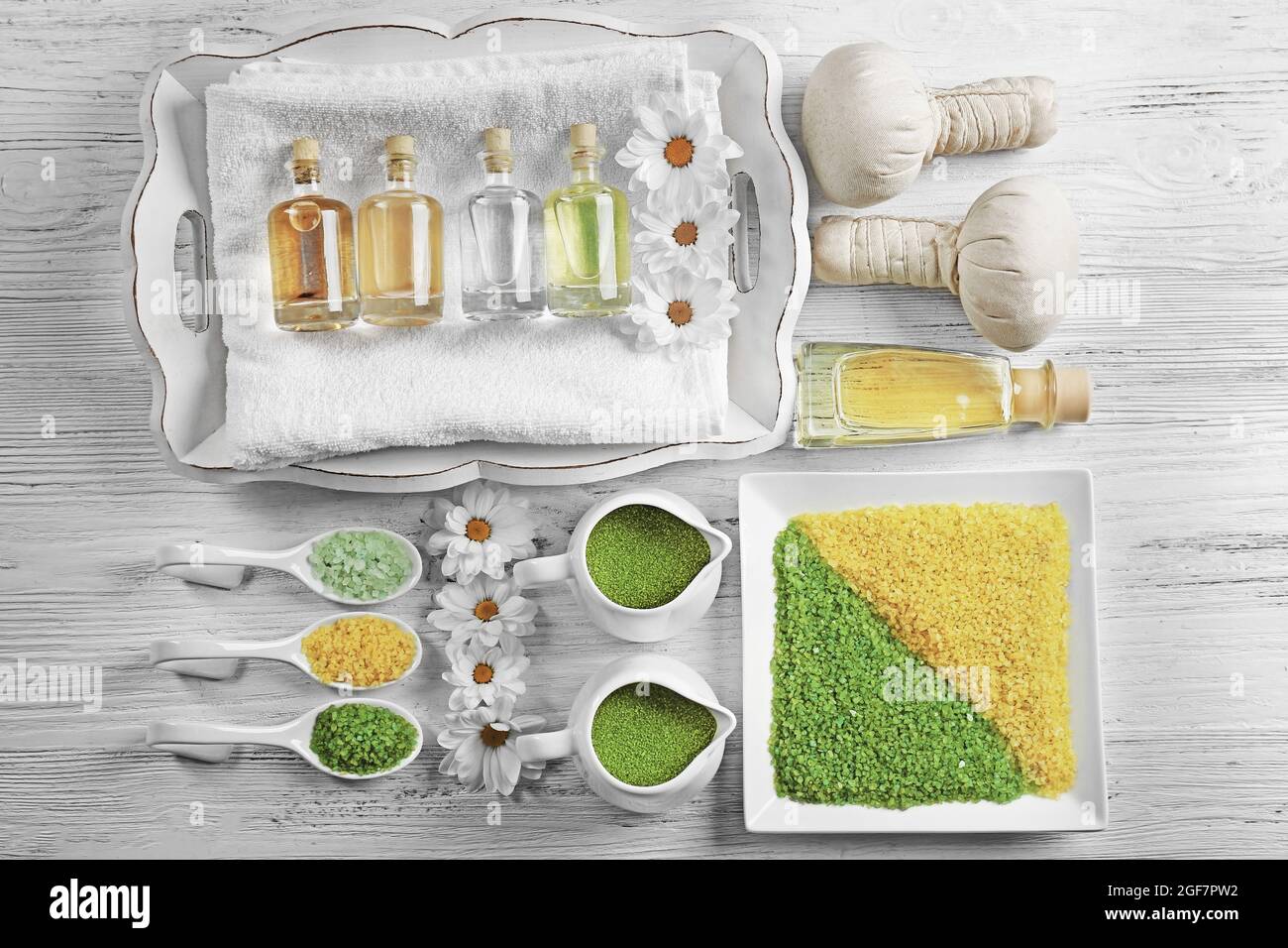 Spa ingredients on a white table, top view Stock Photo - Alamy