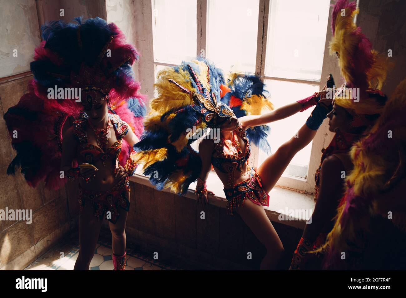 Woman in brazilian samba carnival costume with colorful feathers ...