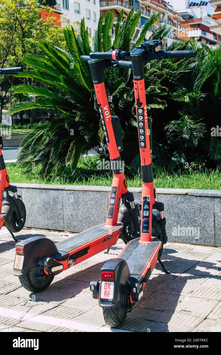 Seville Spain August 21, 2021 Electric scooter to rent parked in the ...