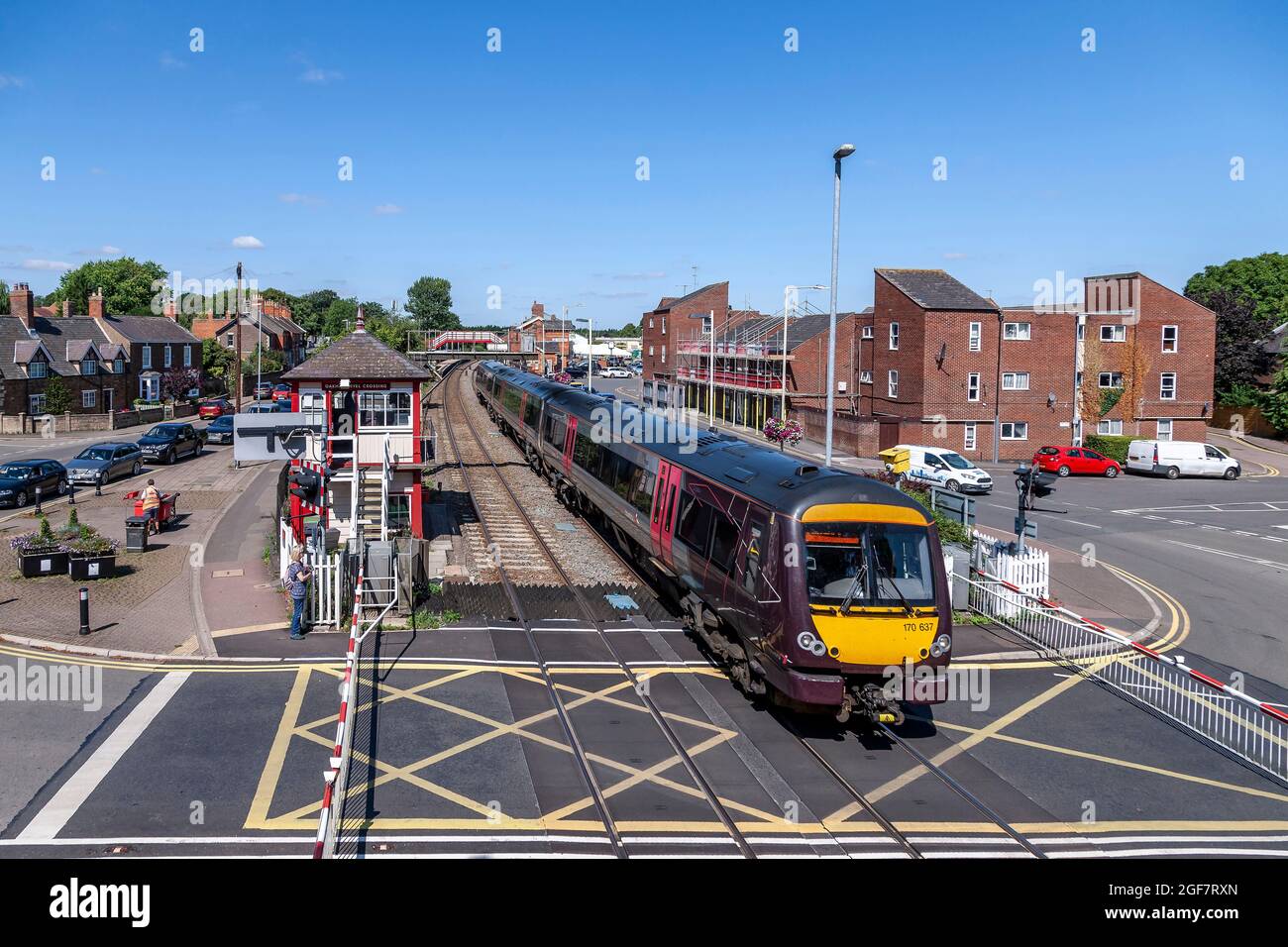Train pulling out of Oakham station on a Monday afternoon, looking down ...