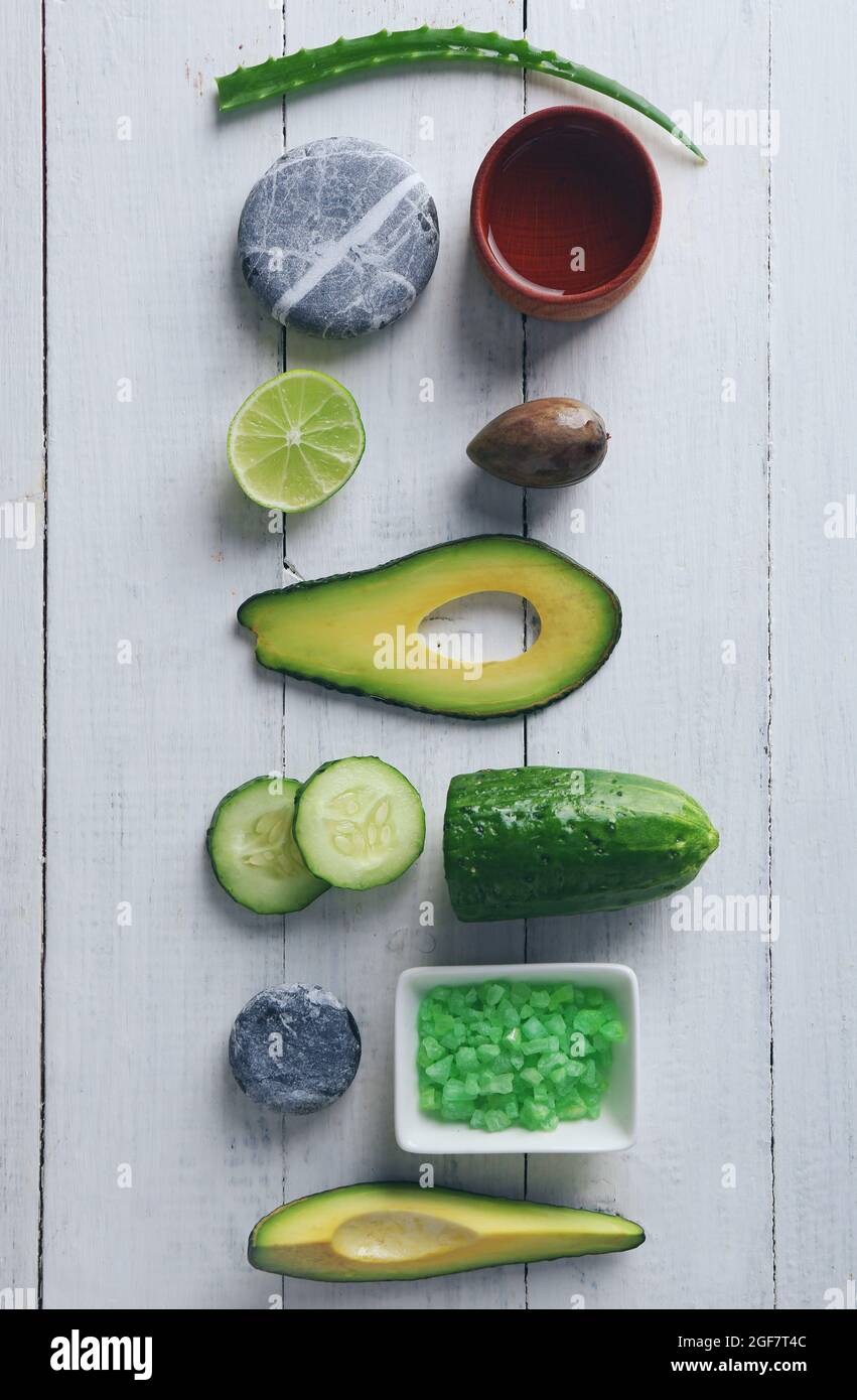 Products for a relaxing avocado spa treatment, top view Stock Photo - Alamy