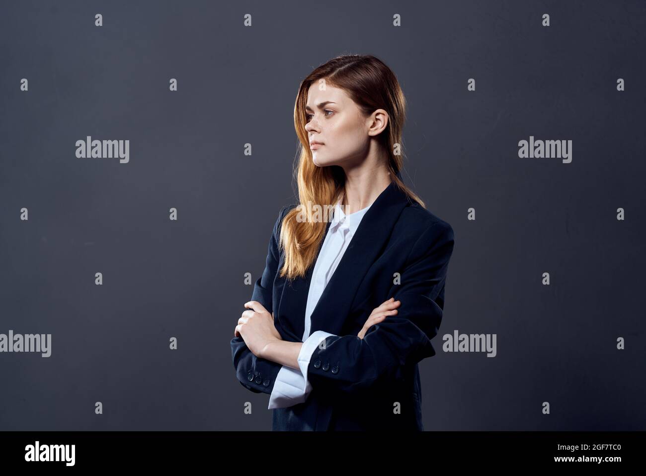 female manager fun posing isolated background Stock Photo - Alamy