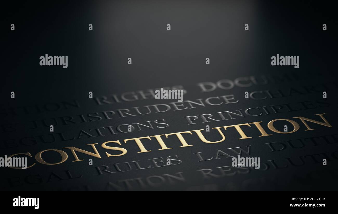 Word constitution witten with golden letters over black background. 3d ...