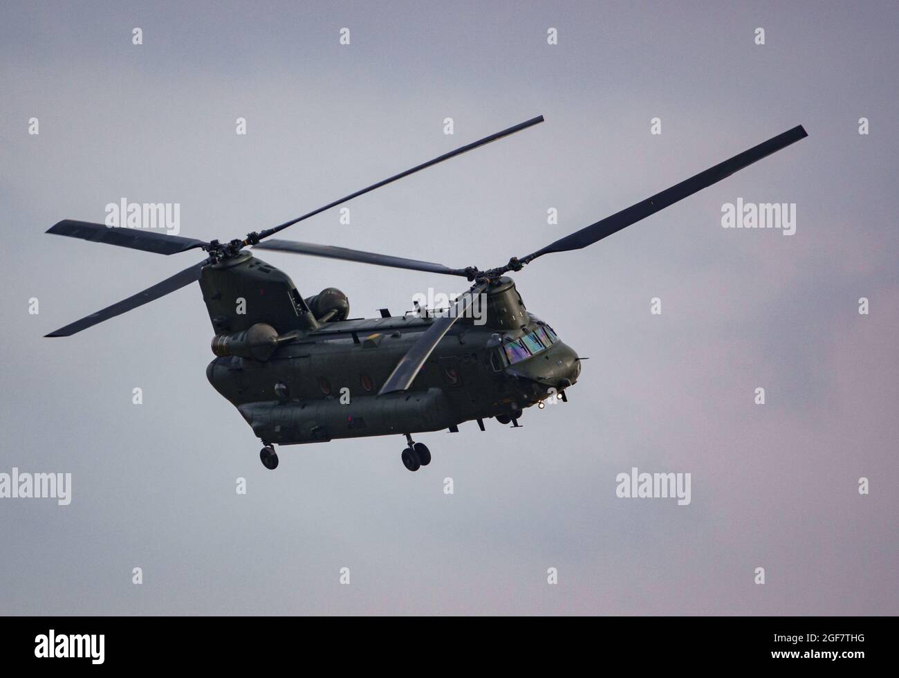 RAF Chinook tandem-rotor CH-47 helicopter flying fast and low in a ...