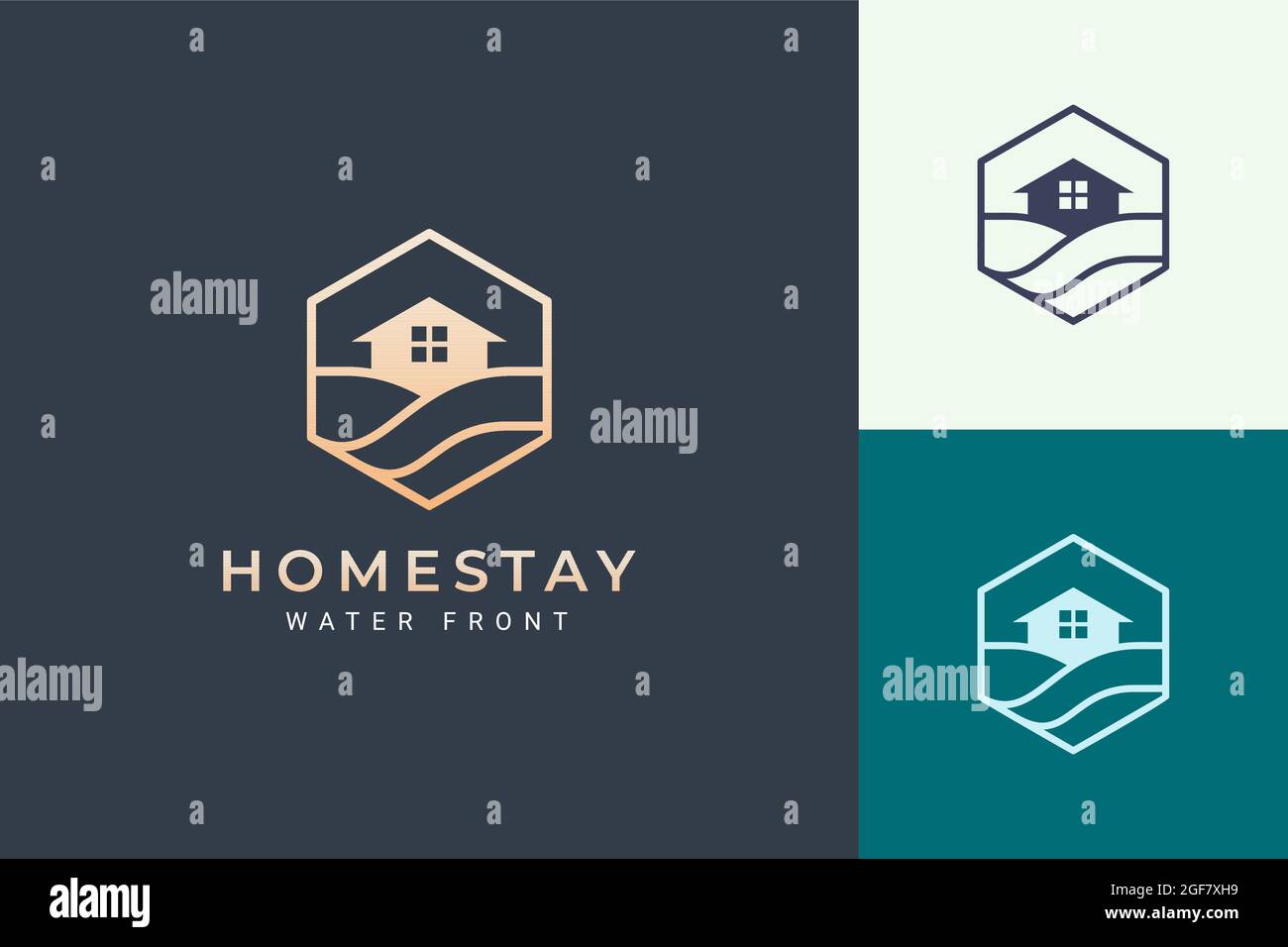 Sea or beach theme real estate logo in simple line and hexagon shape ...