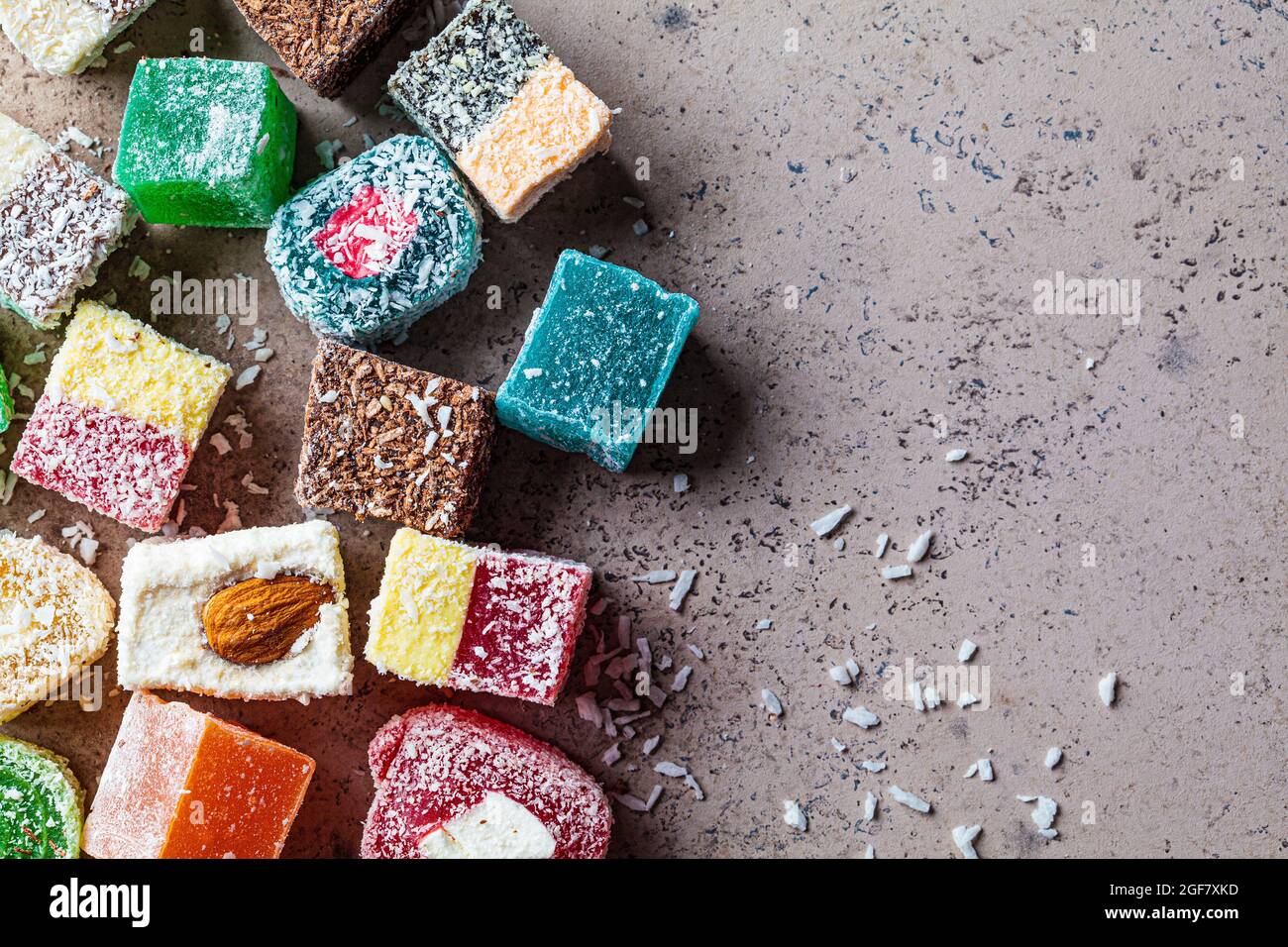 Turkish delight of different types, dark background, top view Stock ...