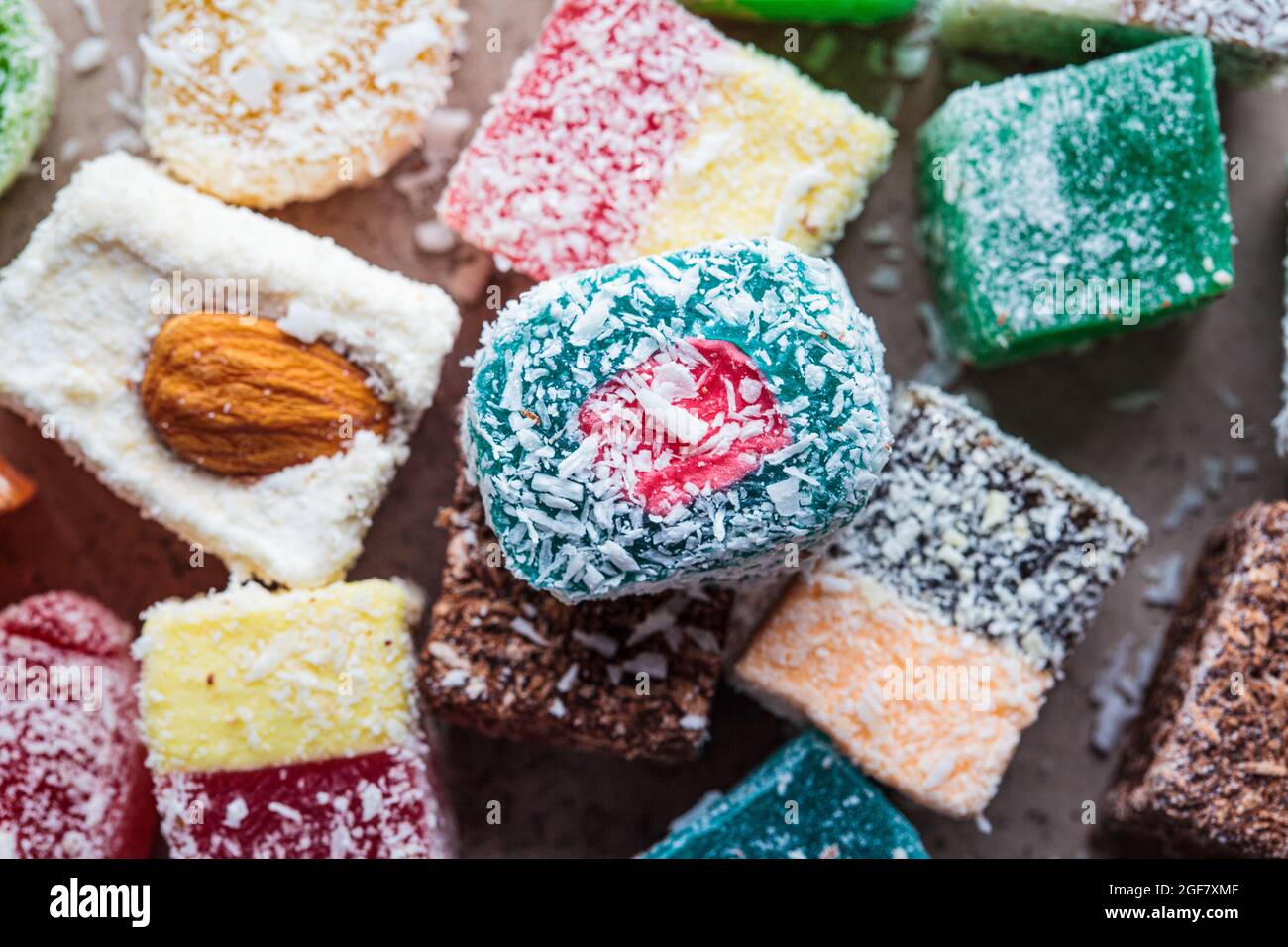 Turkish delight of different types, close-up, dark background Stock ...