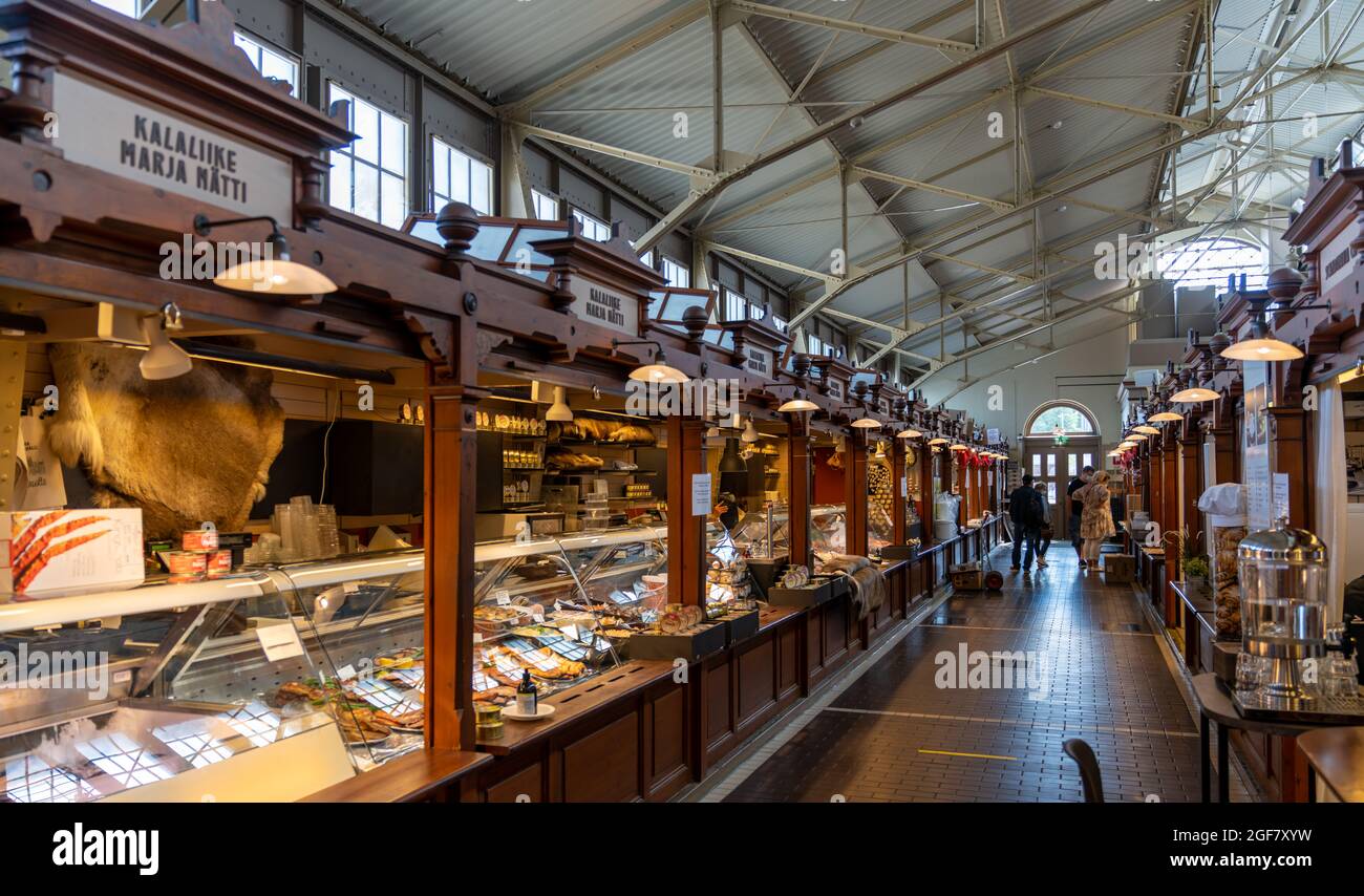 Helsinki, Finland: 4 August, 2021: interior view of the food stalls and ...