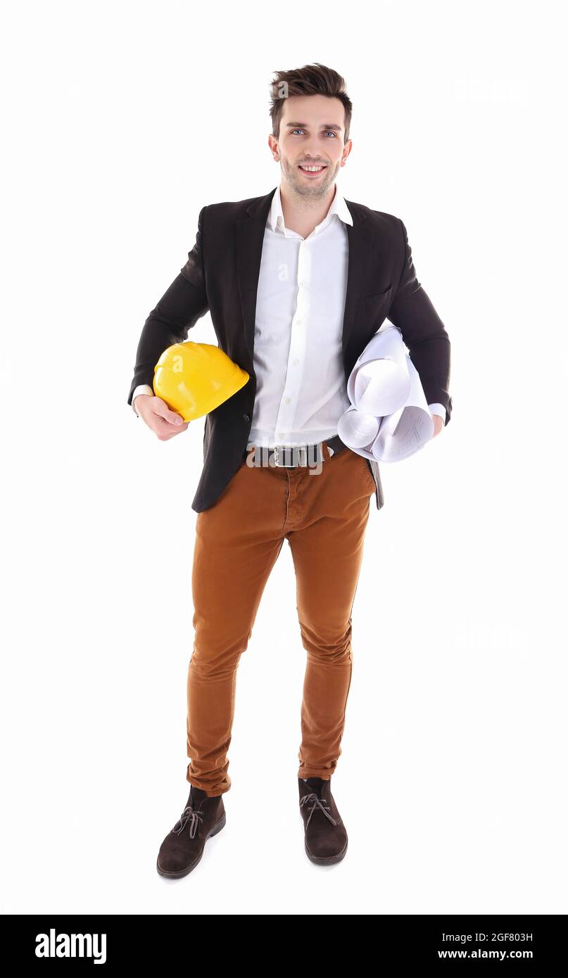 Professional engineer with blueprint, isolated on white Stock Photo - Alamy