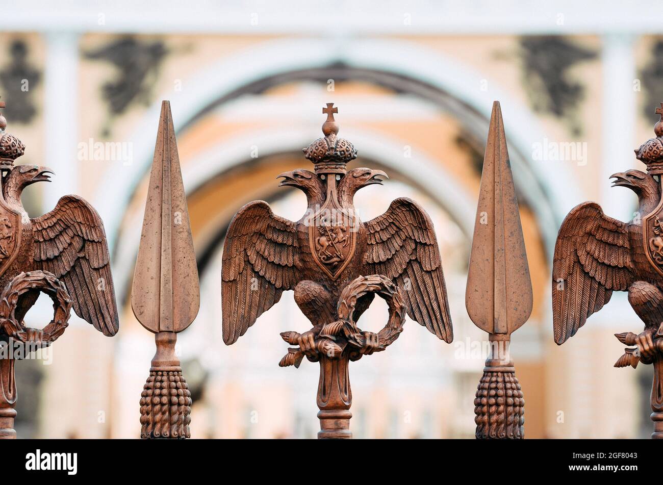 Two-headed eagles on the fence around the pillar of Alexandria, on ...