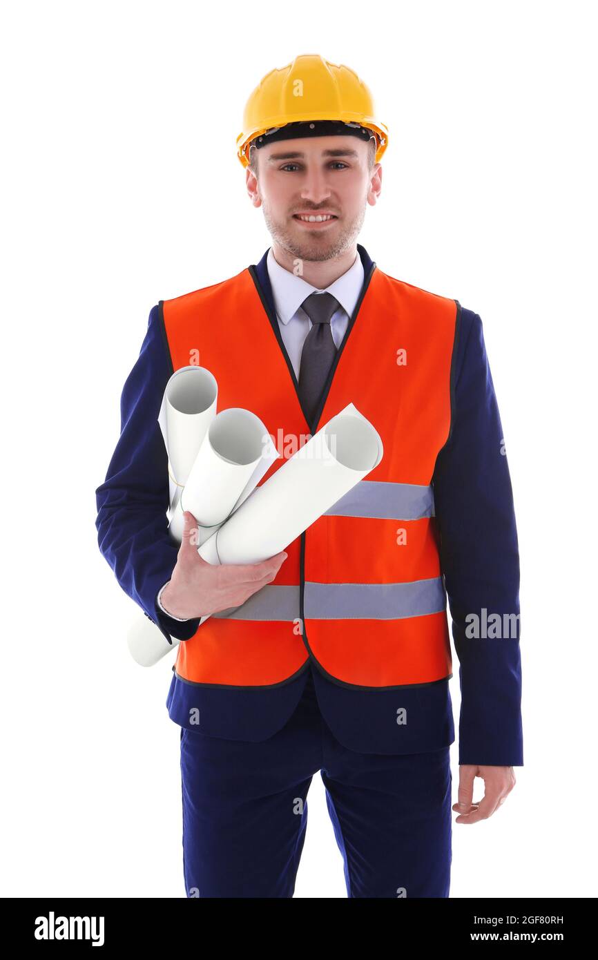 Professional engineer with blueprint, isolated on white Stock Photo - Alamy