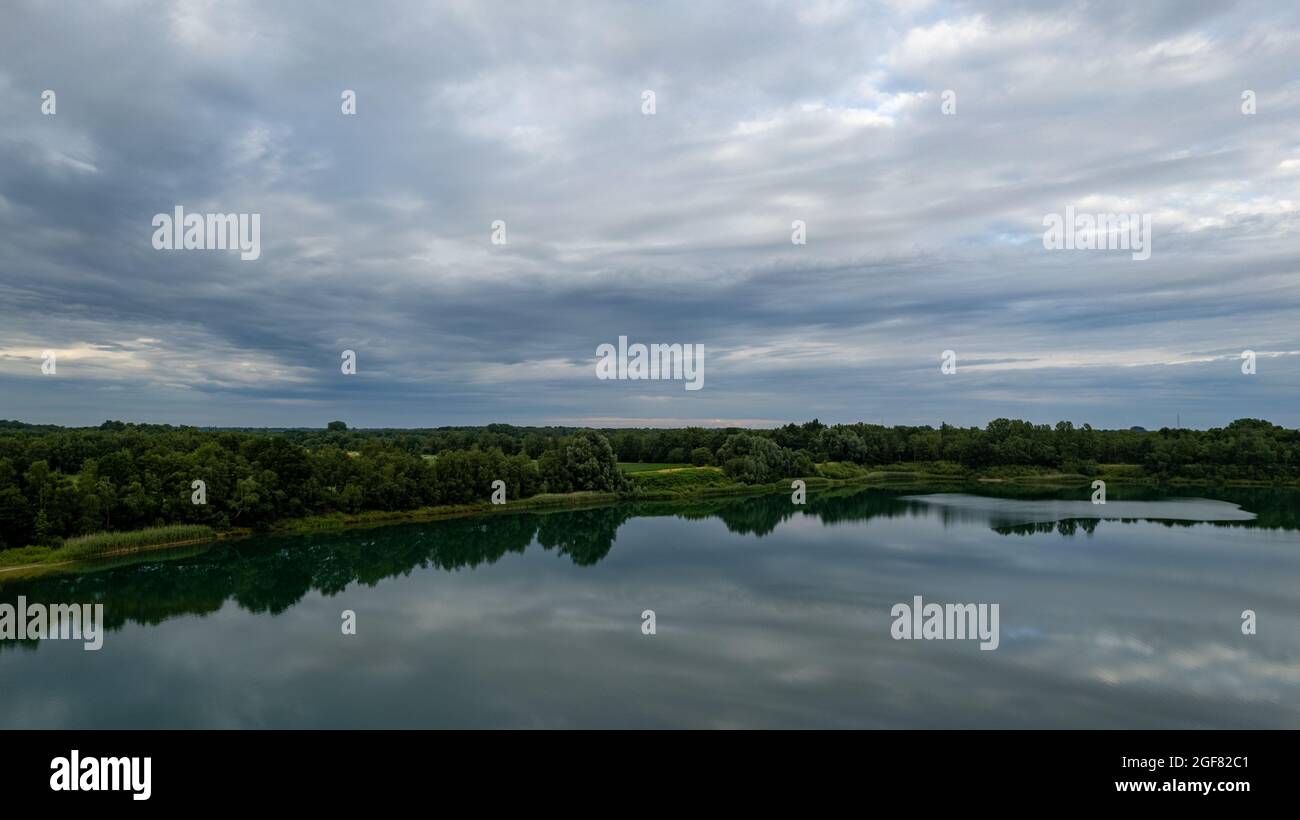 Aerial photo taken with a drone of a dark ominous grey storm clouds ...