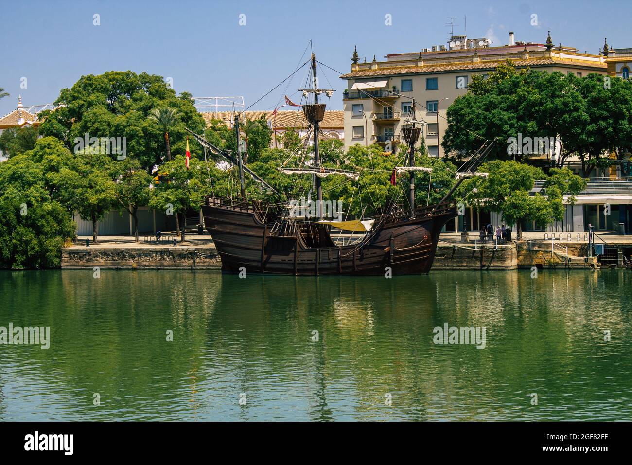 Seville Spain August 21, 2021 Tourist boats on the Guadalquivir River ...