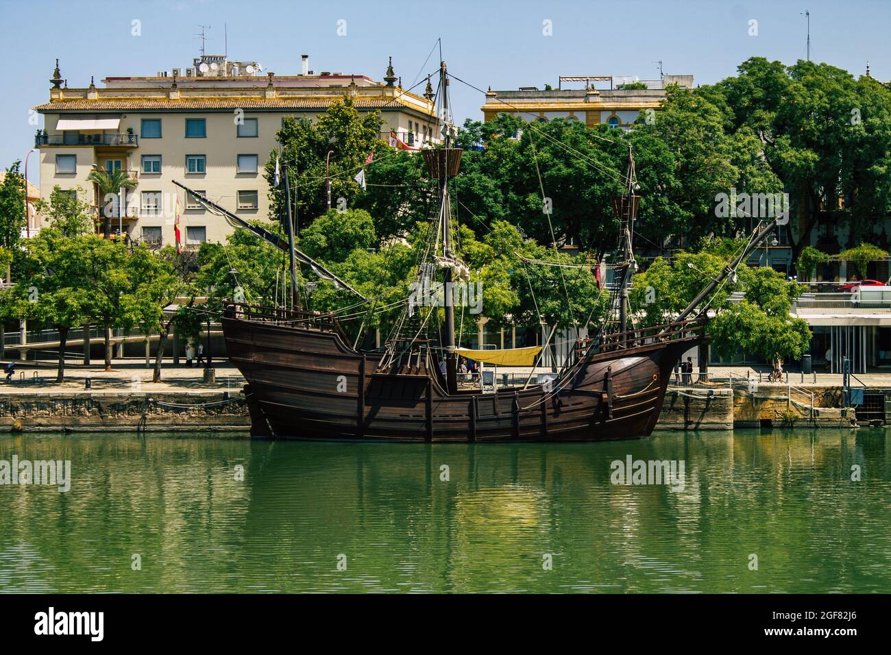 Seville Spain August 21, 2021 Tourist boats on the Guadalquivir River ...