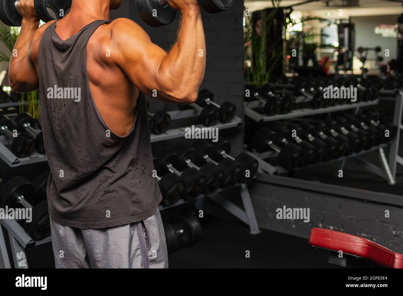 Young fit man in a gym exercising with dumbbells.healthy man working ...