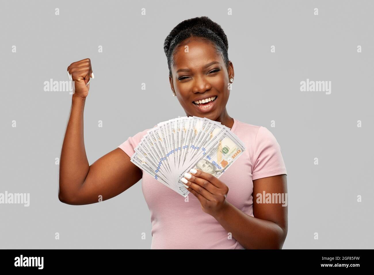 happy african american woman with dollar money Stock Photo - Alamy
