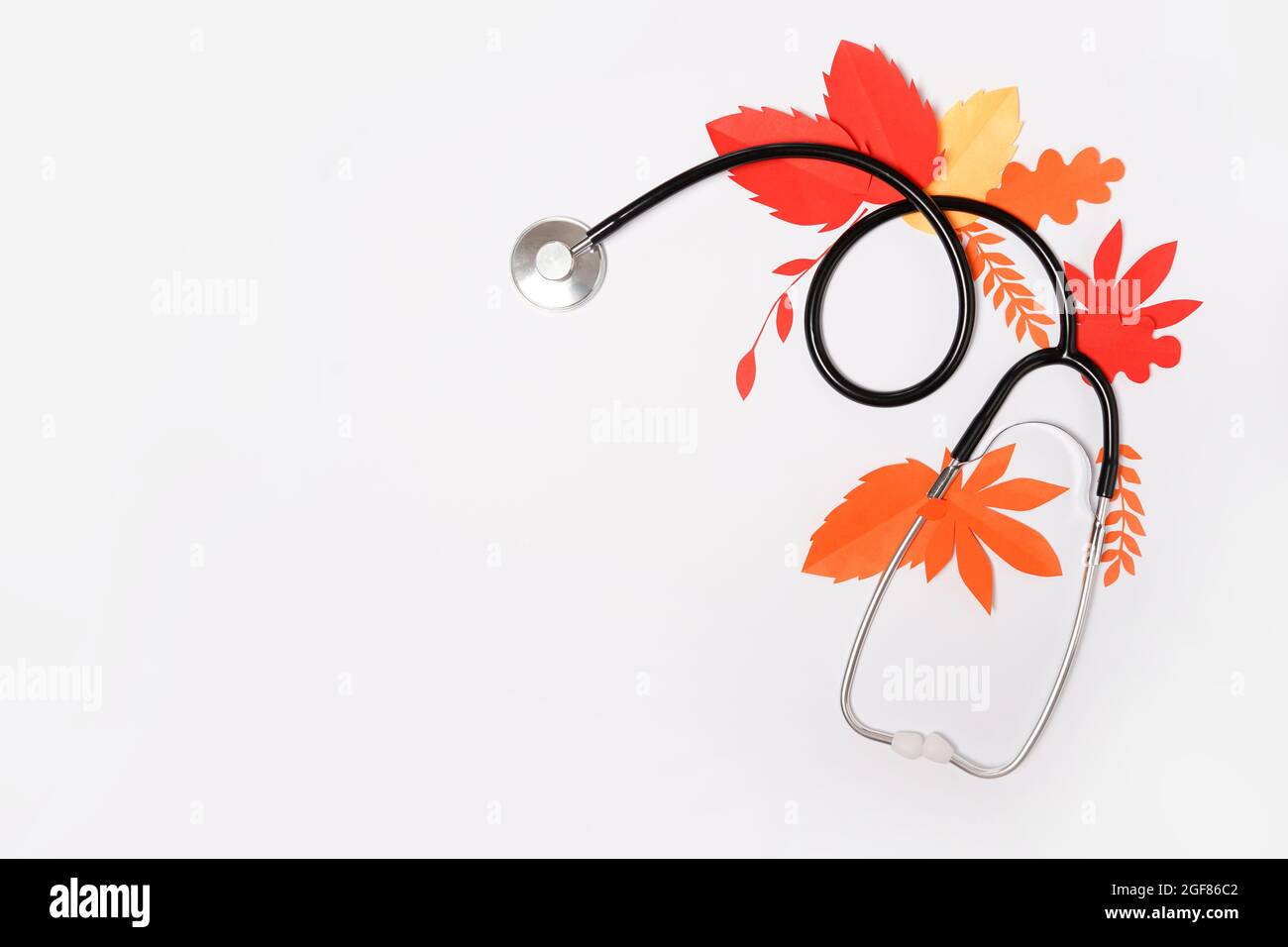 stethoscope with red autumn leaves on white background with copy space ...