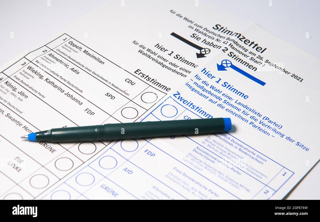 18 August 2021, Lower Saxony, Hanover: ILLUSTRATION - A sample ballot ...