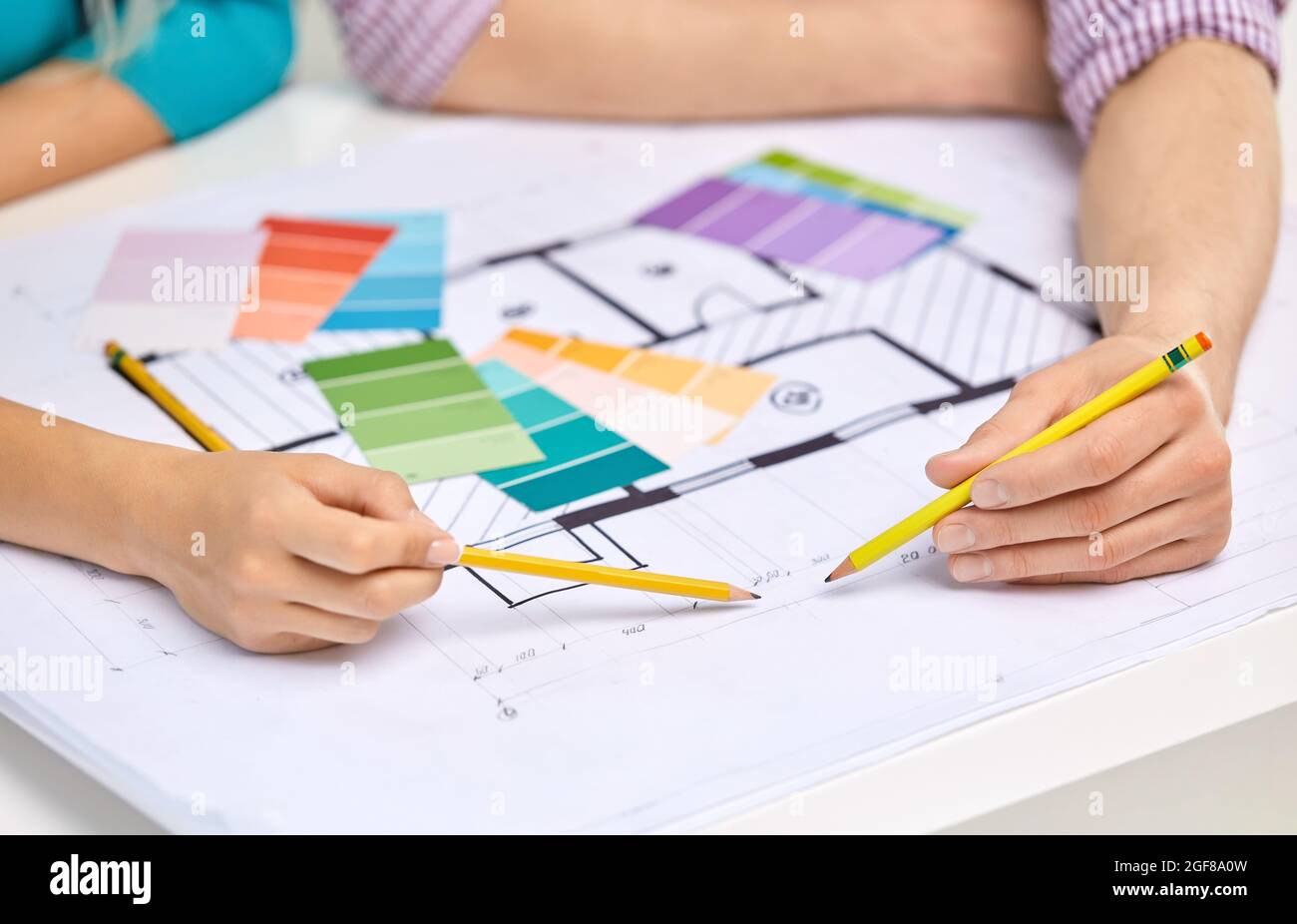 close up of architects team working with blueprint Stock Photo - Alamy