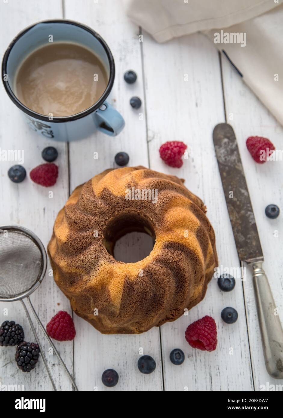 Cake. Marble cake cup of coffee powder sugar kitchen vintage utensil ...