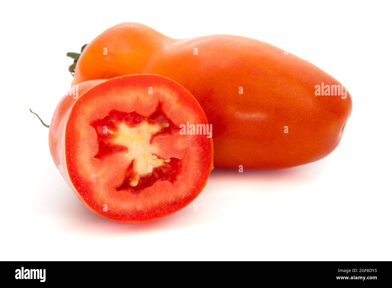 Oblong red tomato (Solanum lycopersicum) on a white background Stock ...