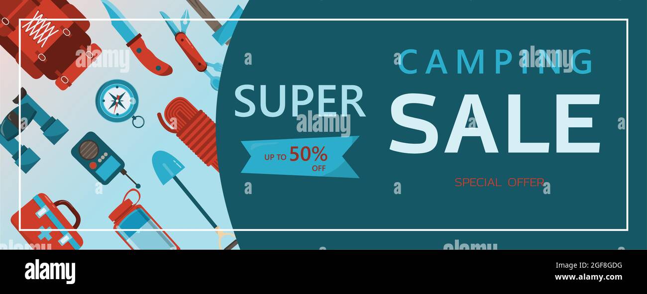 Camping adventure time vector illustration Banner with flat equipment ...