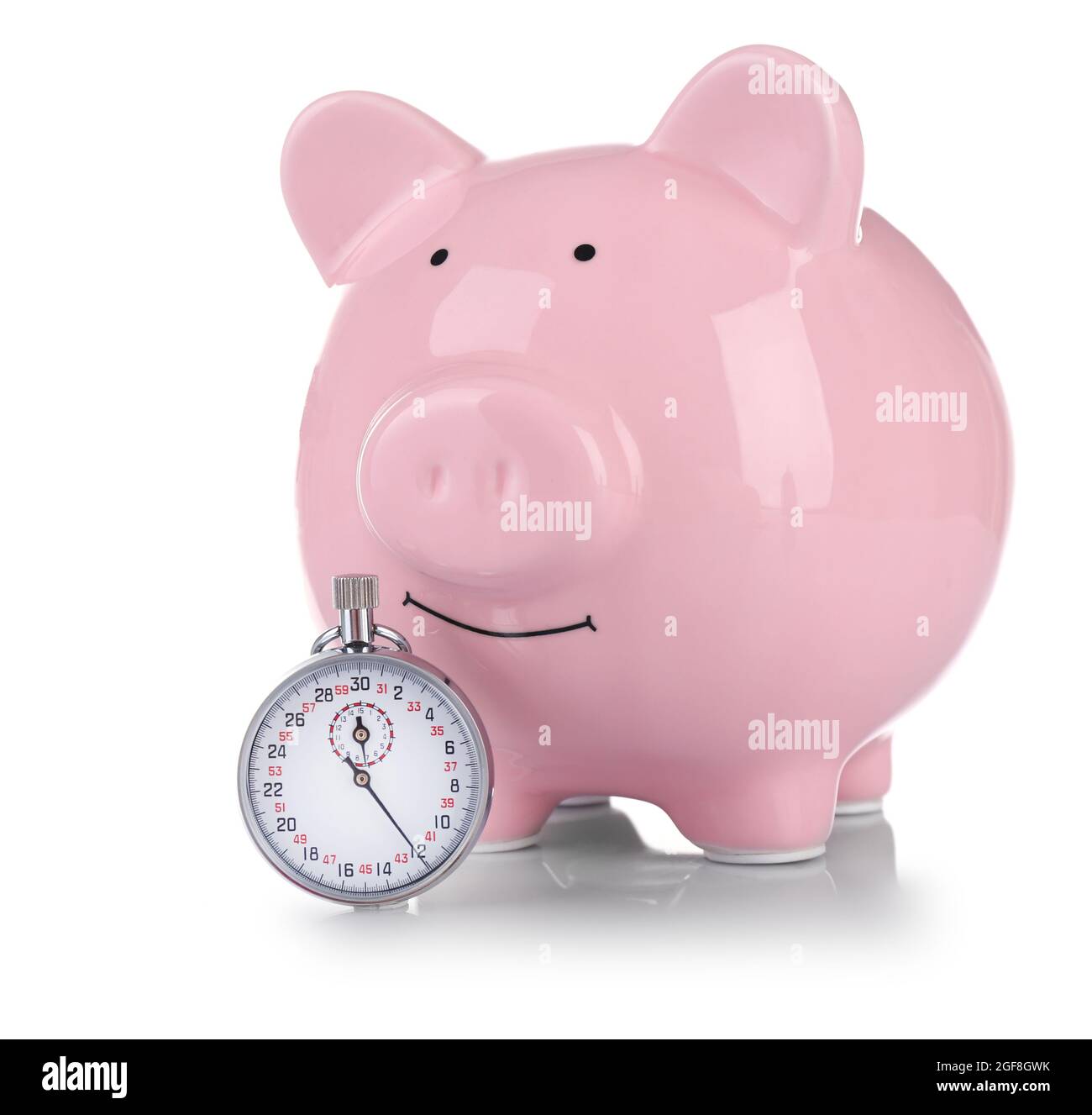 Pink piggy bank and a timer isolated on white Stock Photo - Alamy