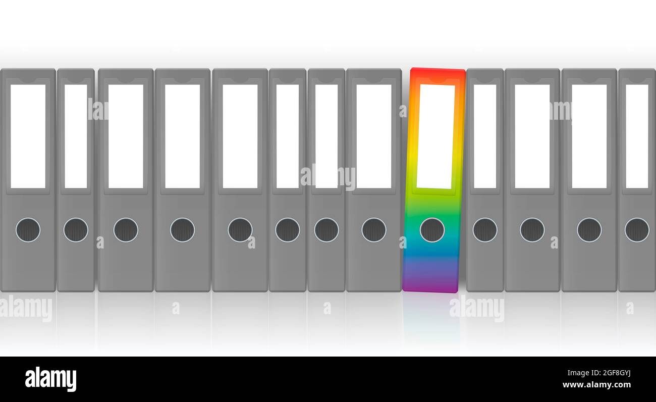 Ring binders, gray unlabeled set with one outstanding rainbow colored ...