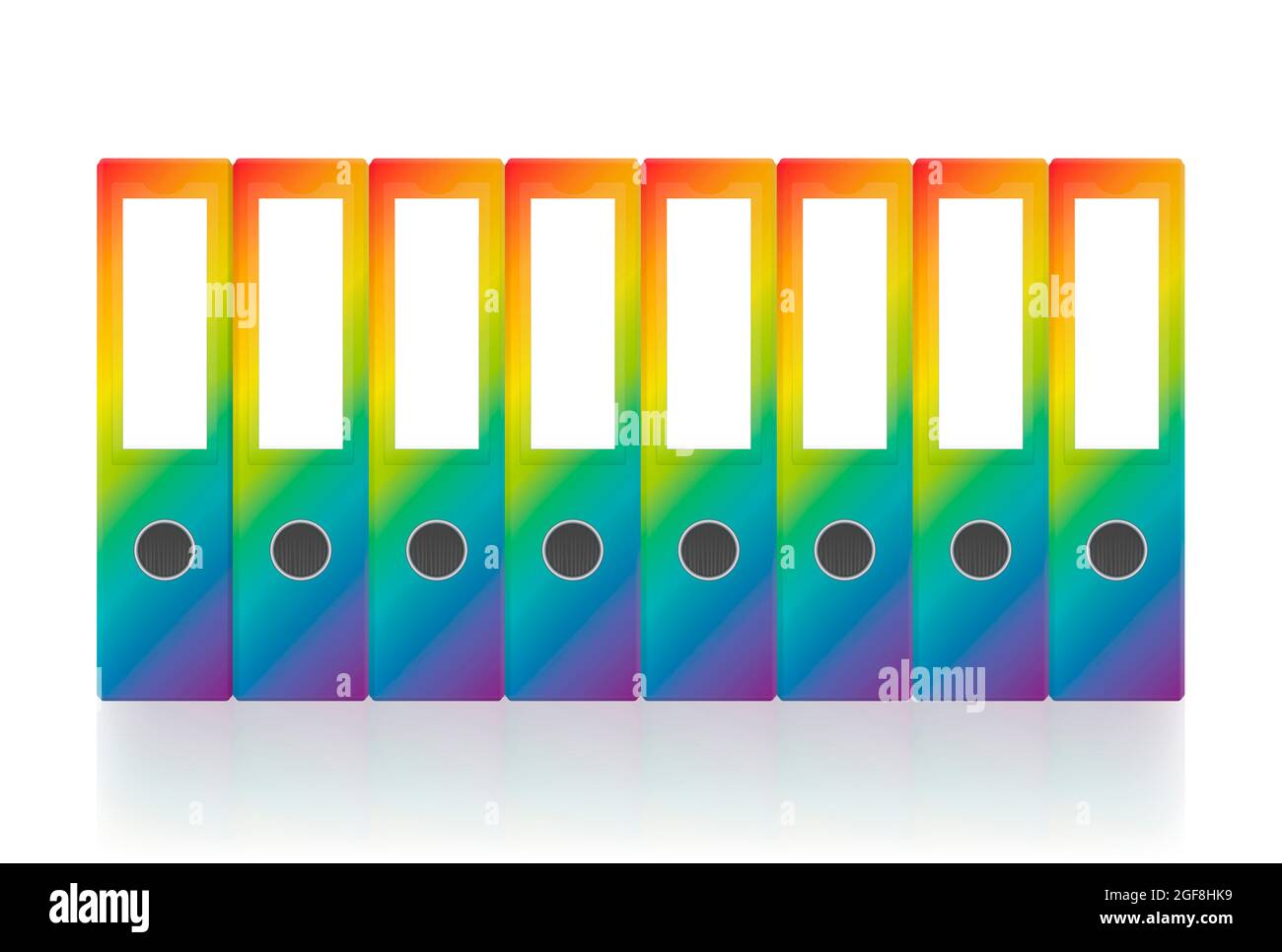 Rainbow gradient colored ring binders, eight colorful unlabeled leaf ...