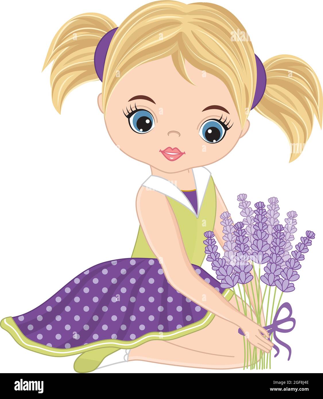 Beautiful Cute Girl Holding Bouquet of Lavender. Vector Brunette Girl ...