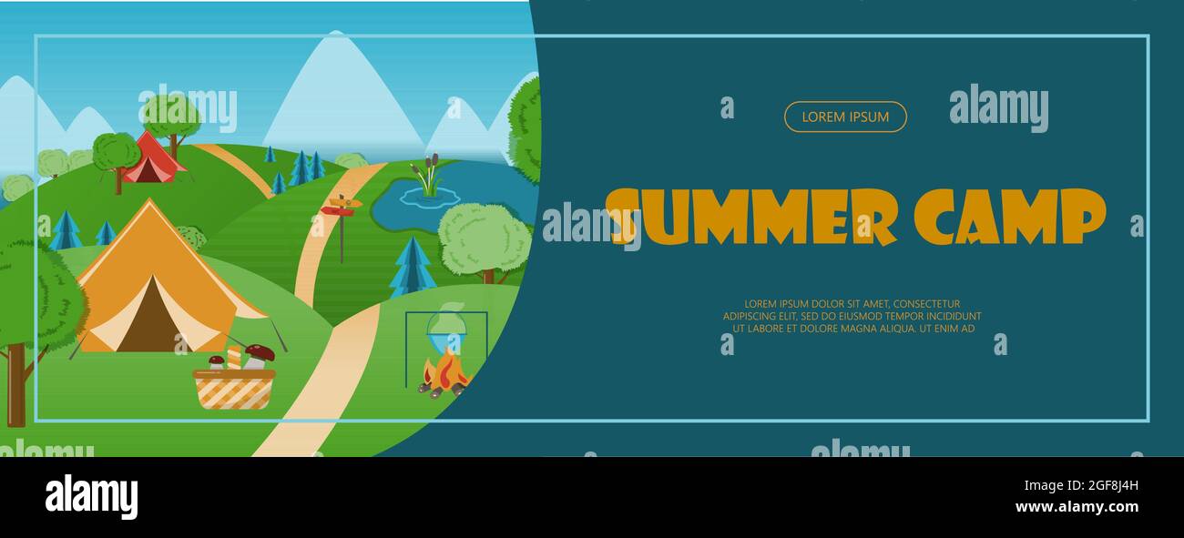 Camping adventure time vector illustration Banner with flat equipment ...