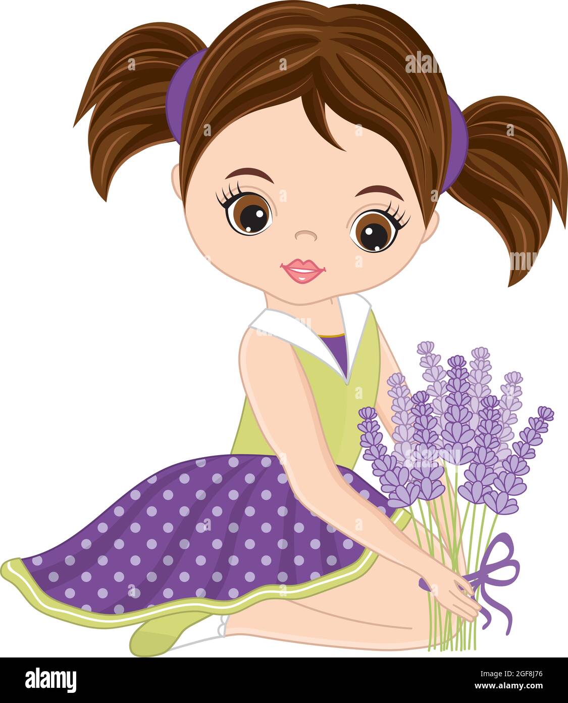 Beautiful Cute Girl Holding Bouquet of Lavender. Vector Brunette Girl ...