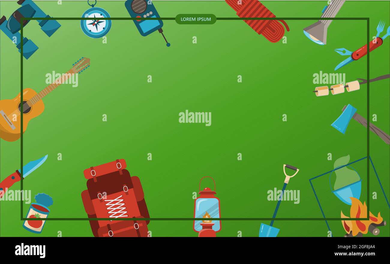 Camping adventure time vector illustration Banner with flat equipment ...