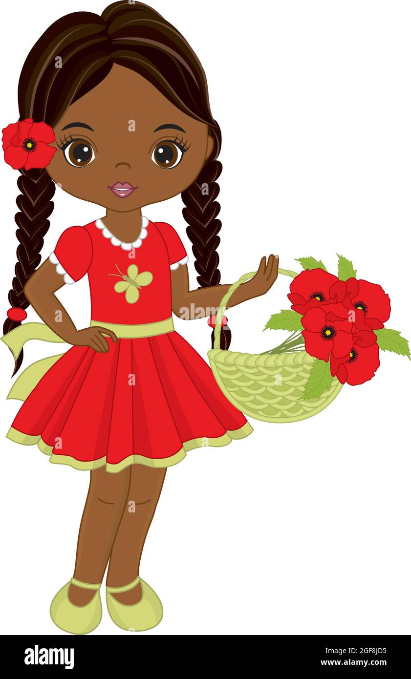 Beautiful Cute African American Girl Holding Basket of Red Poppies ...