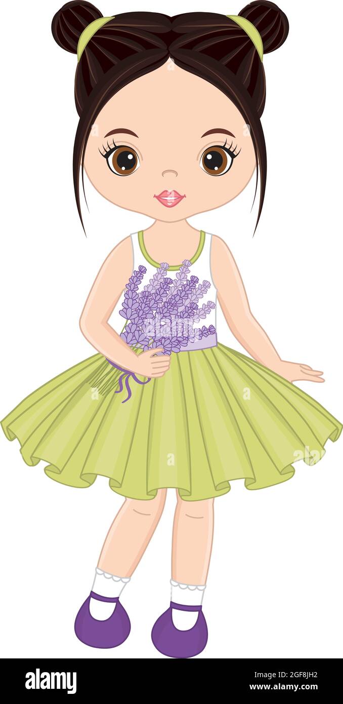 Beautiful Cute Girl Holding Bouquet Of Lavender Vector Dark Haired