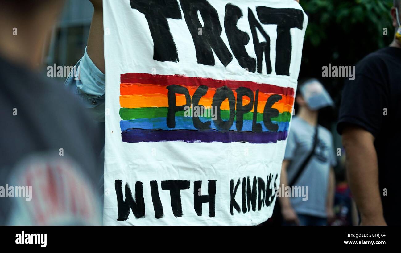 LGBT equality march, pride parade. Fight for LGBTQ+ rights. Rainbow ...