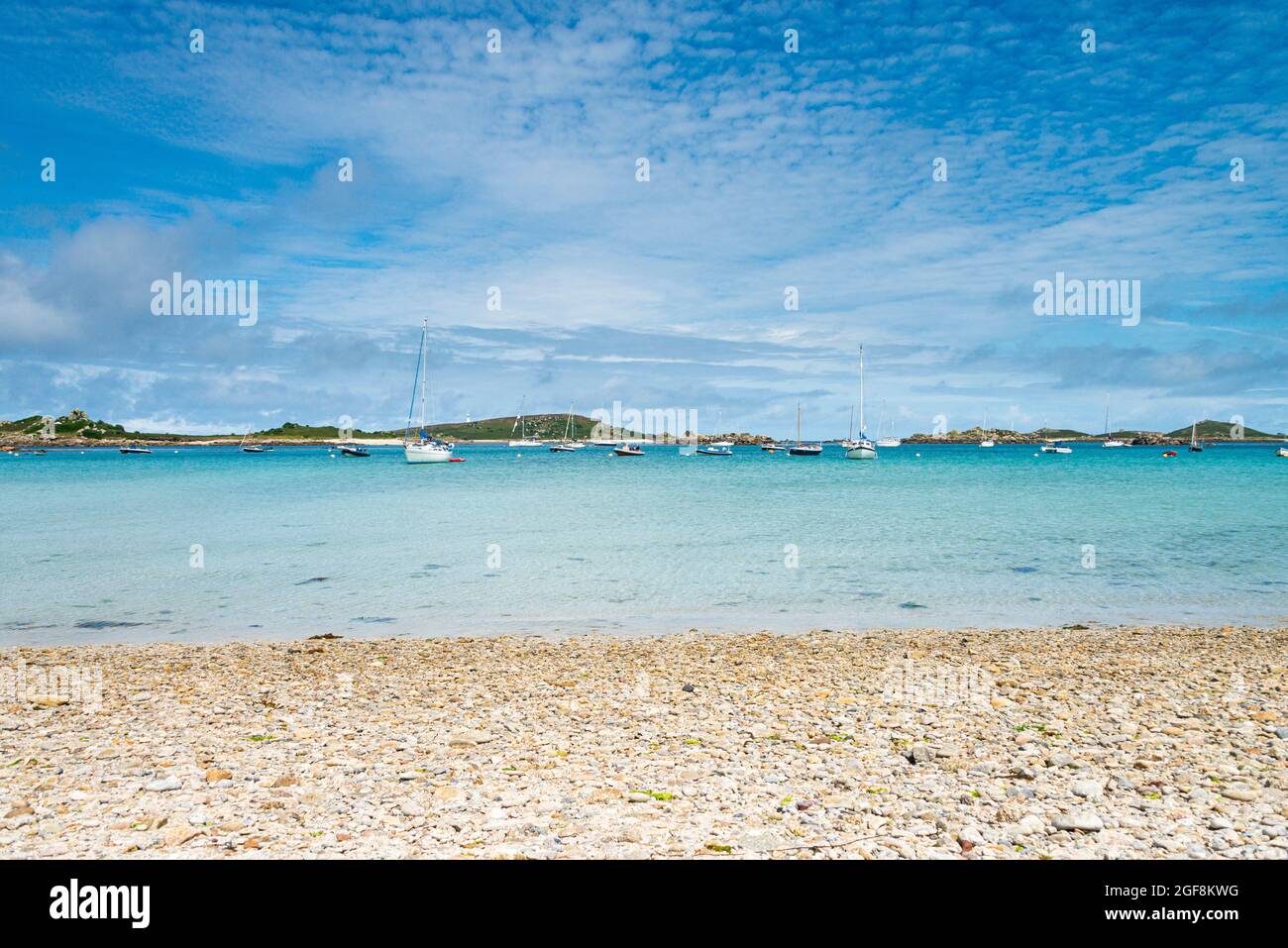 Boats anchored in Old Grimsby Harbour, Tresco, Isles of Scilly Stock ...