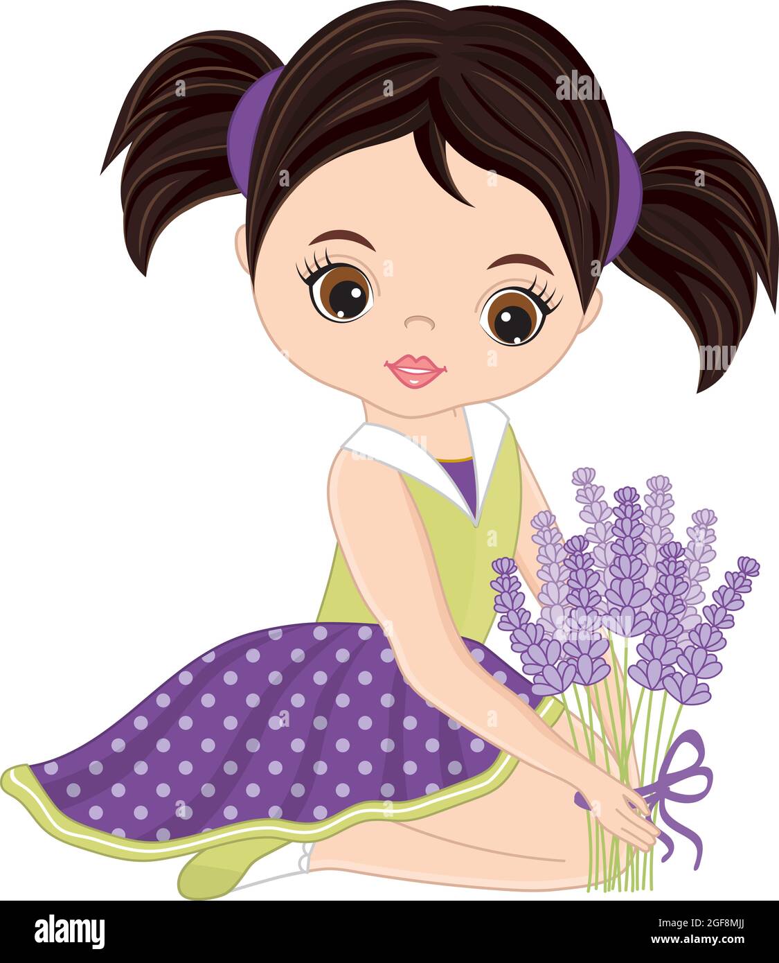 Beautiful Cute Girl Holding Bouquet Of Lavender Vector Brunette Girl
