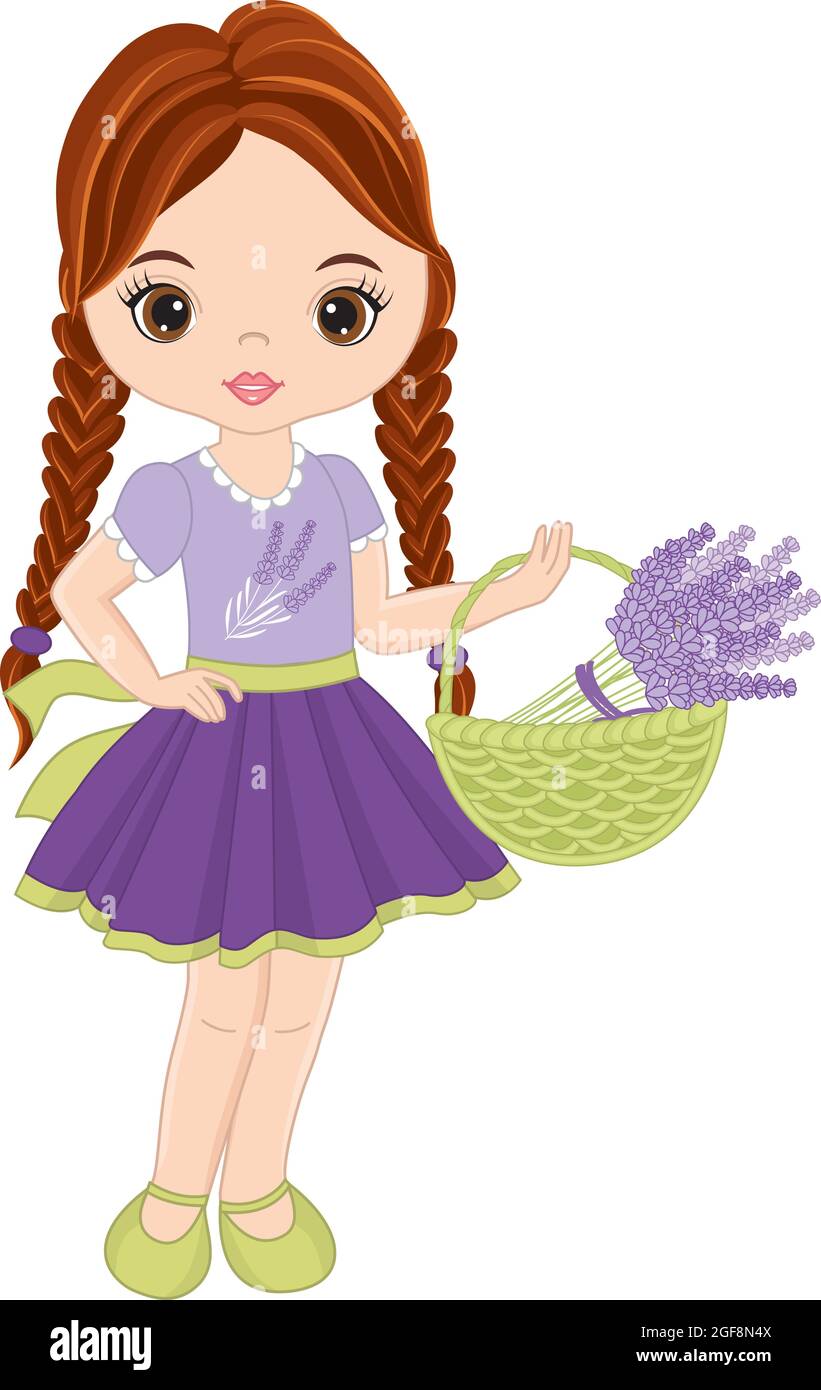 Beautiful Cute Girl Holding Basket of Lavender. Vector Redheaded Girl ...