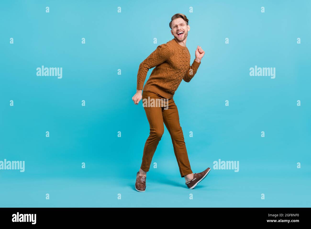 Full size photo of joyful funny funky man dance good mood wear glasses ...