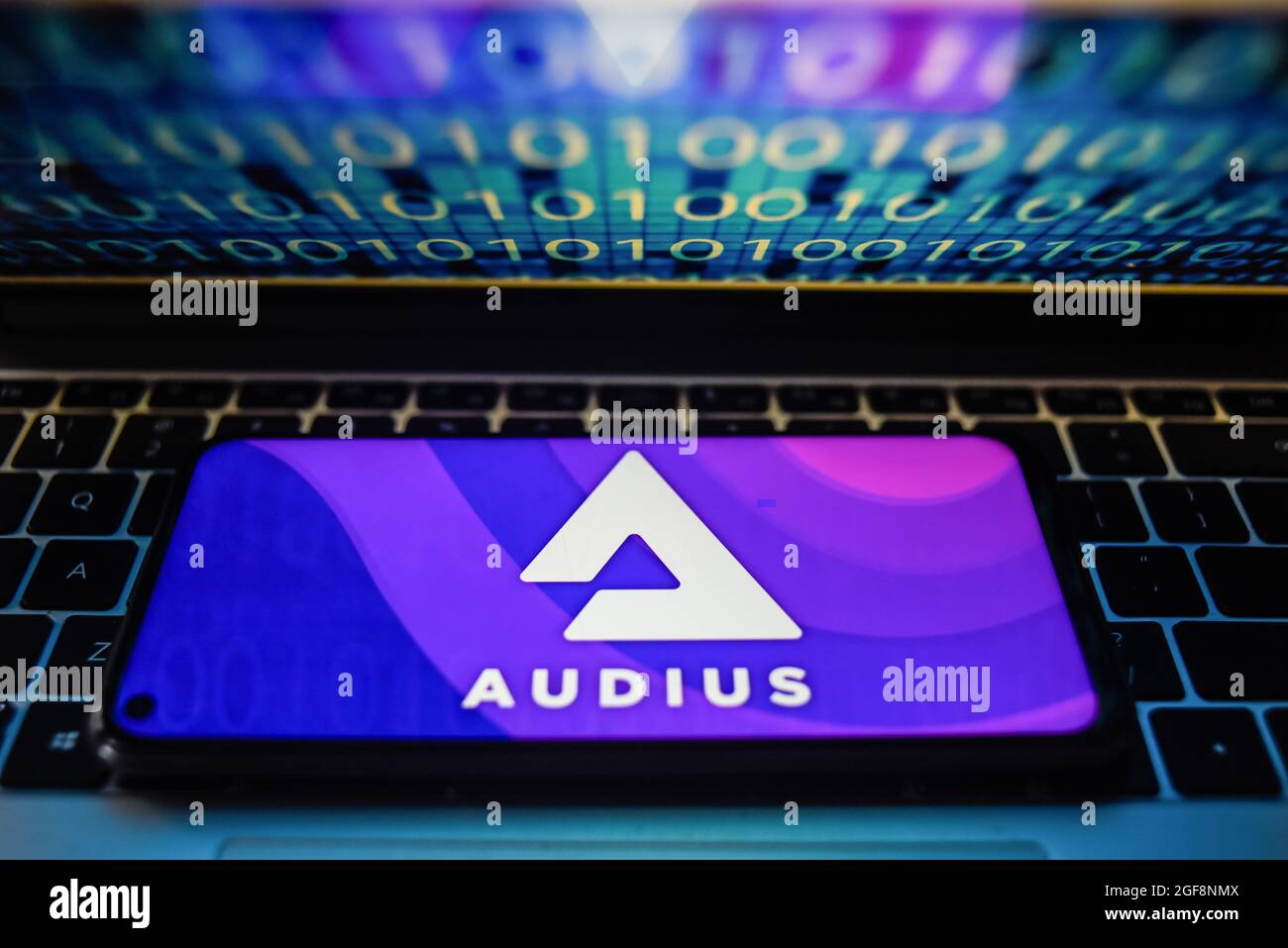 Portugal. 24th Aug, 2021. In this photo illustration an Audius logo ...