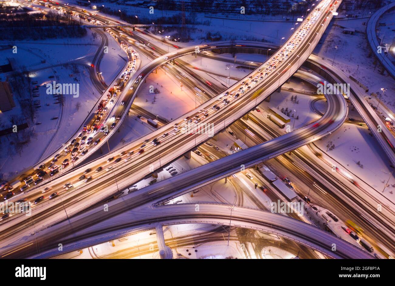 Multi-level complex transport interchange, loaded with traffic, winter ...