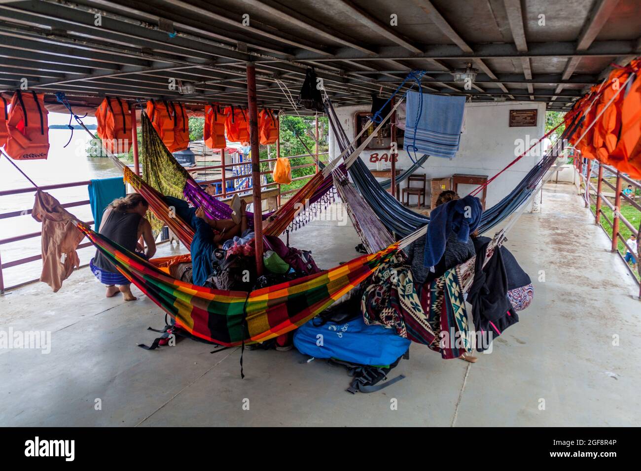 PANTOJA, PERU - JULY 14, 2015: Travelers in hammocks aboard cargo boat ...