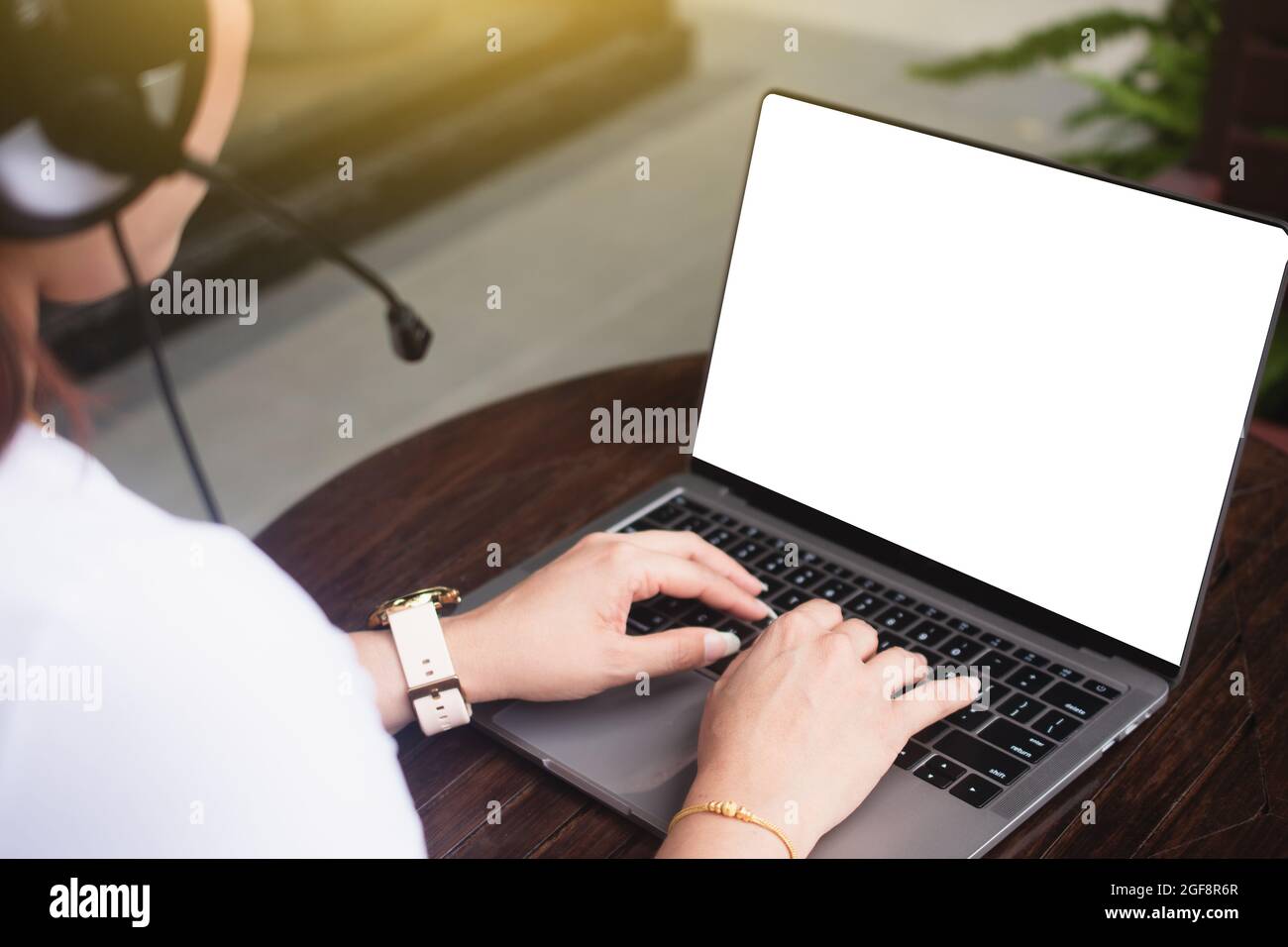 Closeup hand typing on computer screen mockup design empty Stock Photo ...