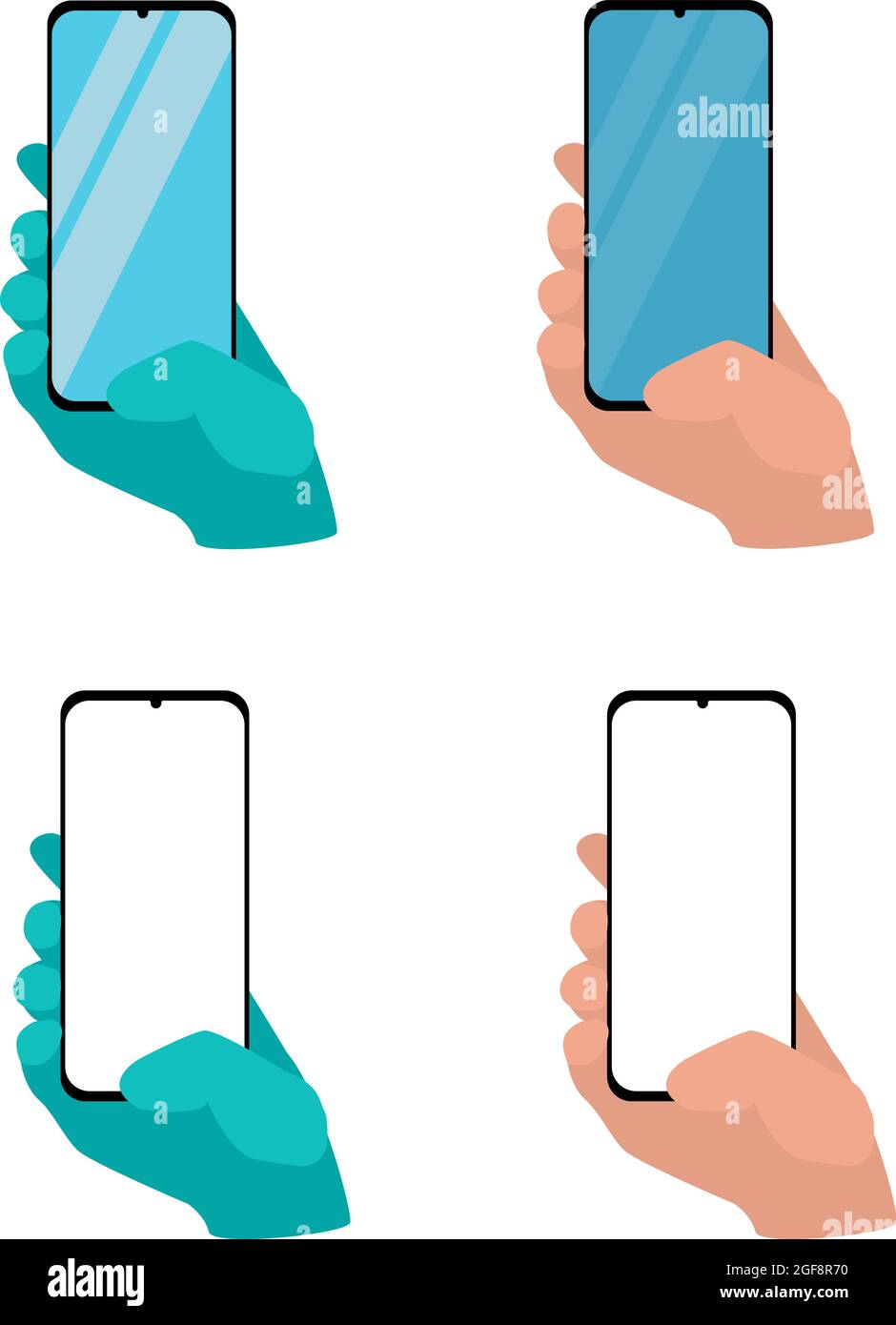 set of Hand holding smart phone isolated on white background. Set ...