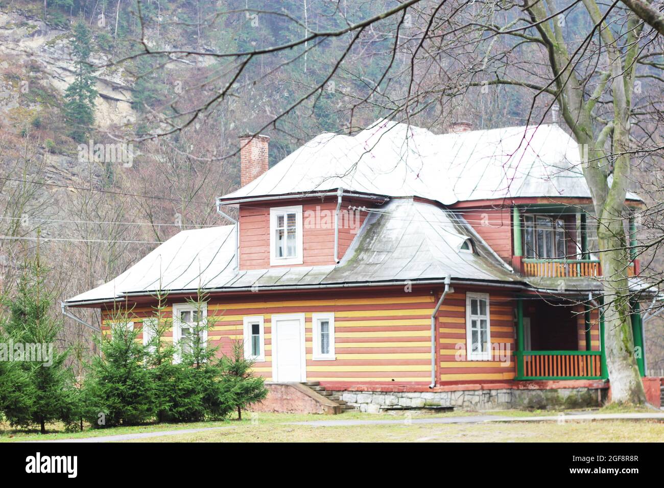 Wooden house with pine trees Stock Photo - Alamy