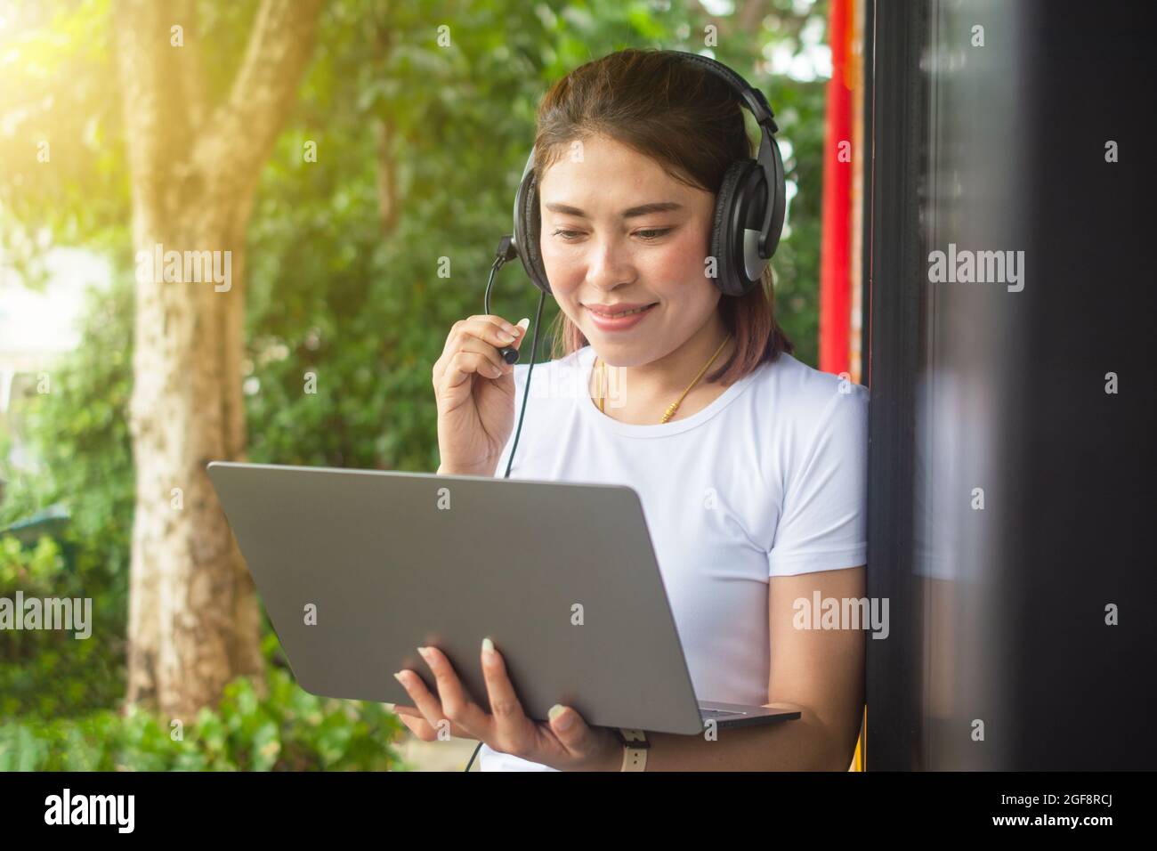 Women video call conference online computer work at home Stock Photo ...